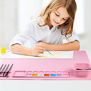 Queceuy Silicone Painting Mat，20"X16"Silicone Art mat with 1 Water Cup ，Handmade erasable Washable，for Resin, DIY, Clay, Play Doh Silicone Drawing mat for Children（Pink）