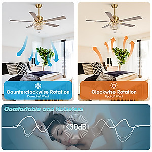 Gold Ceiling Fans with Lights and Remote, 52 Inch Ceiling Fan for Bedroom Living Room, Crystal Chandelier Outdoor Ceiling Fans with LED Light, Reversible 5 Blades, Ventilador de Techo con Luz