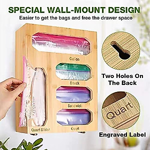 Sandwich Baggie Organizer, 5 Slots Ziplock Bag Storage Organizer, Bamboo Ziplock Bag Storage Organizer, for Kitchen Drawer & Wall Mount, Suitable for Gallon, Quart, Sandwich, and Snack Bags