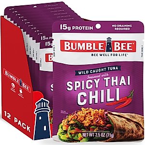 Bumble Bee Spicy Thai Chili Seasoned Tuna, 2.5 oz Pouches (Pack of 12) - Ready to Eat - Wild Caught Tuna Pouch - 15g Protein per Serving - Gluten Free