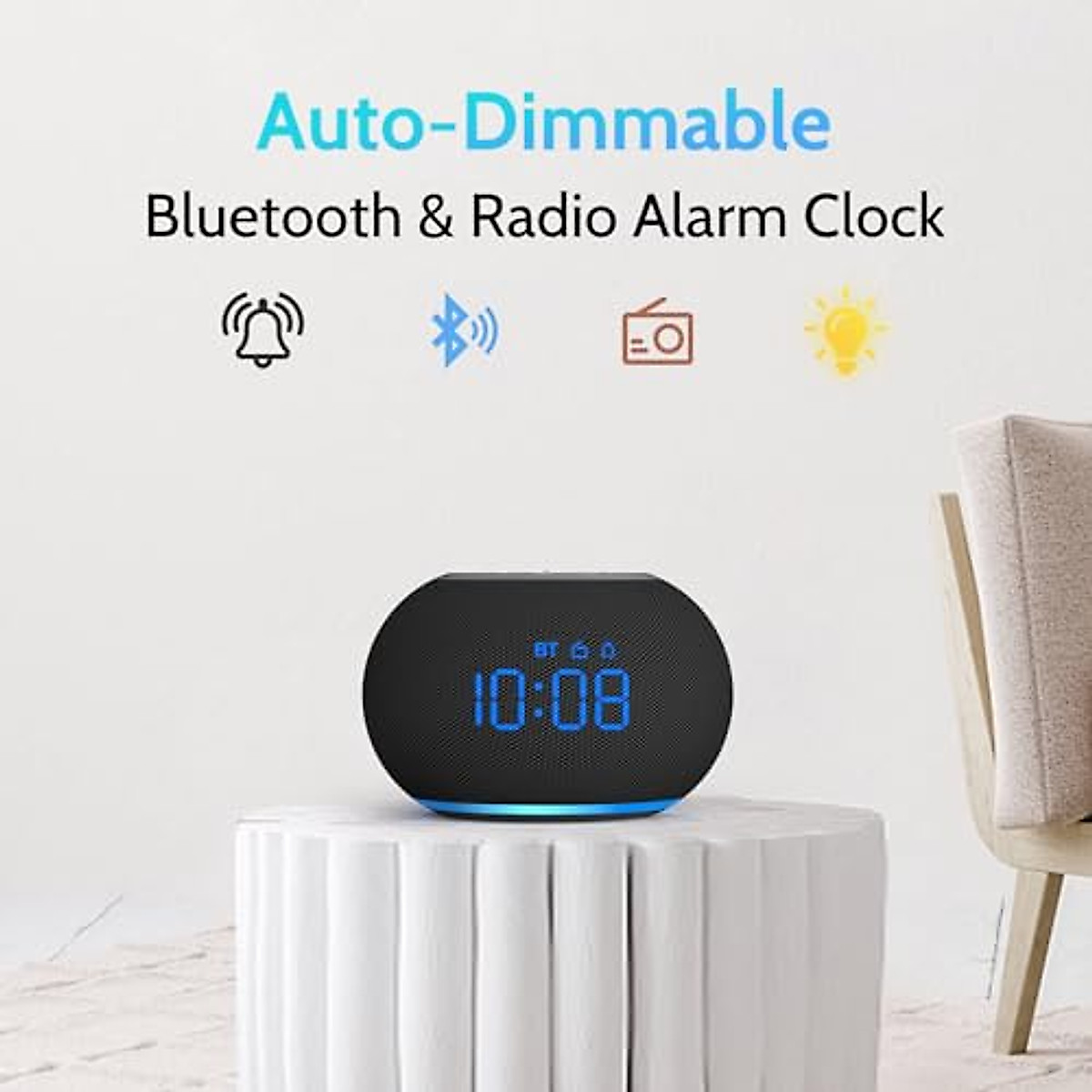 REACHER Digital Alarm Clock Bluetooth Speaker with FM Radio, Auto-Dimmable, 7 Wake Up Sounds, Gradient Light, 30-Level Volume, Memory Function, Bedroom/Office Clock Radio for Kids Adults Seniors