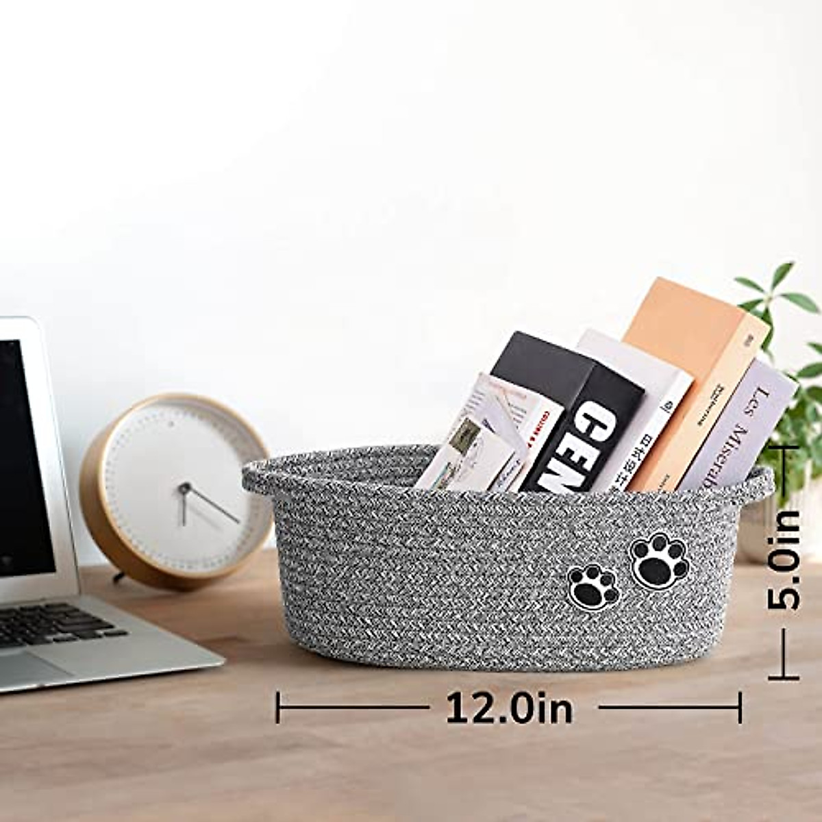 HiChen Small Cute Decorative Basket, Toy Basket for Dogs, Cats, Baby Nursery Storage Basket for Towels, Diapers, Woven Rope Basket for Shelf, 12 x 8 x 5 inches, Grey