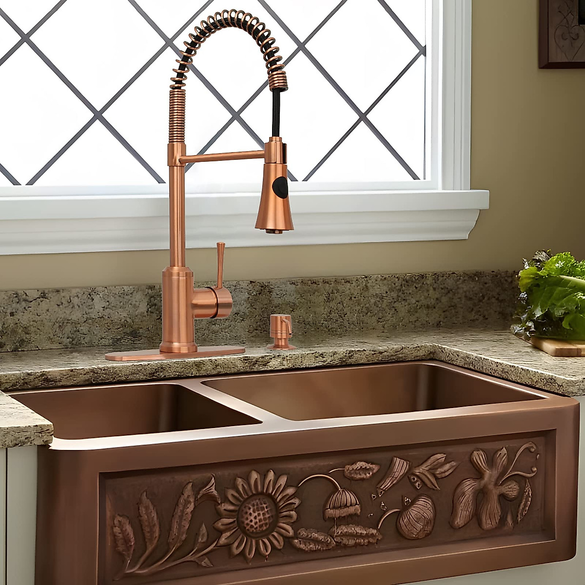 Copper Pre-Rinse Spring Kitchen Faucet with Soap Dispenser, Single Handle Solid Brass High Arc Pull Down Sprayer Head Kitchen Sink Faucets with Deck Plate