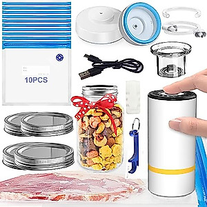 Electric Mason Jar Vacuum Sealer,10 PCS Sous Vide Bags,Handheld Mason Jar Vacuum Sealer,Cordless Vacuum Sealer Kit for Wide-Mouth & Regular-Mouth Mason Jars, for Food Storage and Fermentation