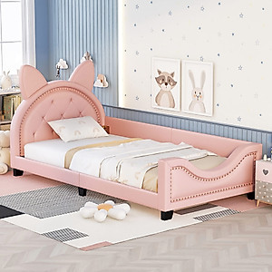 Pink Upholstered Twin Bed with Ears Shaped Bottom Tufted Headboard, Low Platform Bed Frame with Rails for Kids Girls Boys Teens, Faux Leather