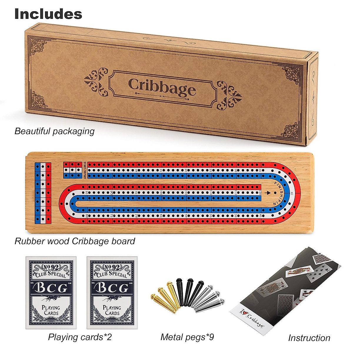 Ceebyfa Cribbage Board Game Set with Large Storage Area, Solid Wood 3 Track Cribbage Board, 9 Metal Pegs, 2 Playing Cards and Instruction. Portable Travel Board Game for All Ages.