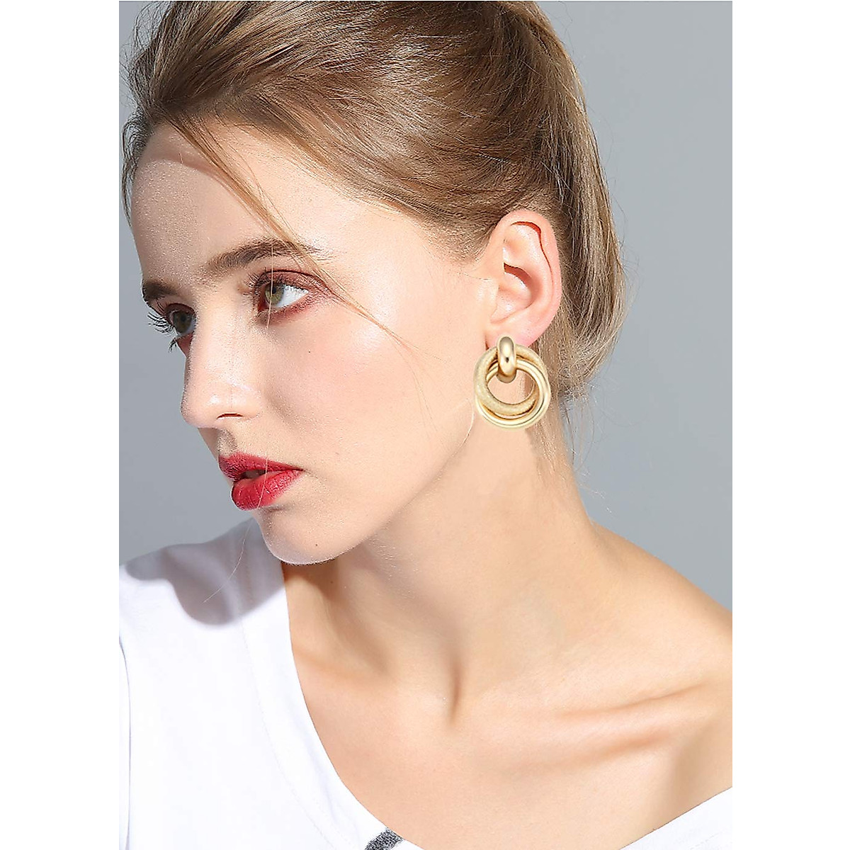 Twisted Earrings Round Double Circle Stud Earrings Statement Chunky Polished Drop Hoop Earrings for Women(gold)