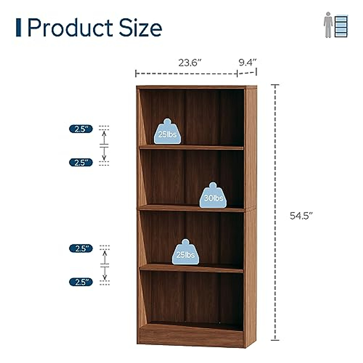 VICLLAX 4-Shelf Wooden Bookcase, 54.5" Height- Adjustable Open Bookshelf for Home Office, Walnut Standing Display Book Shelf