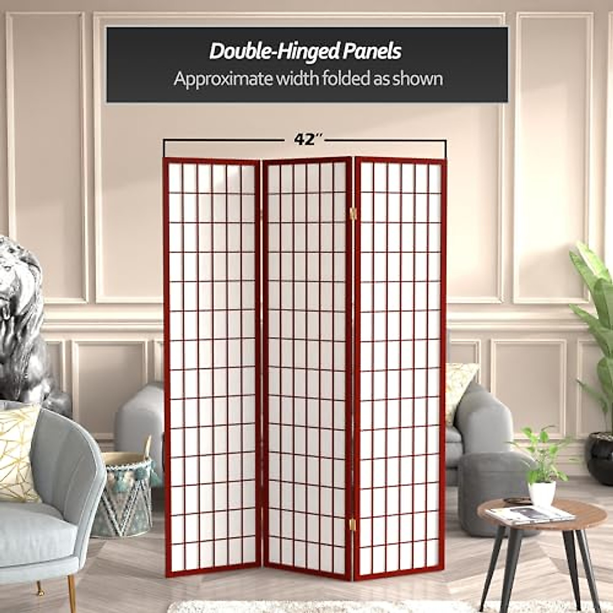 Red Lantern 6 ft. Tall Window Pane Shoji Screen-Rosewood-3 Panels Room Divider