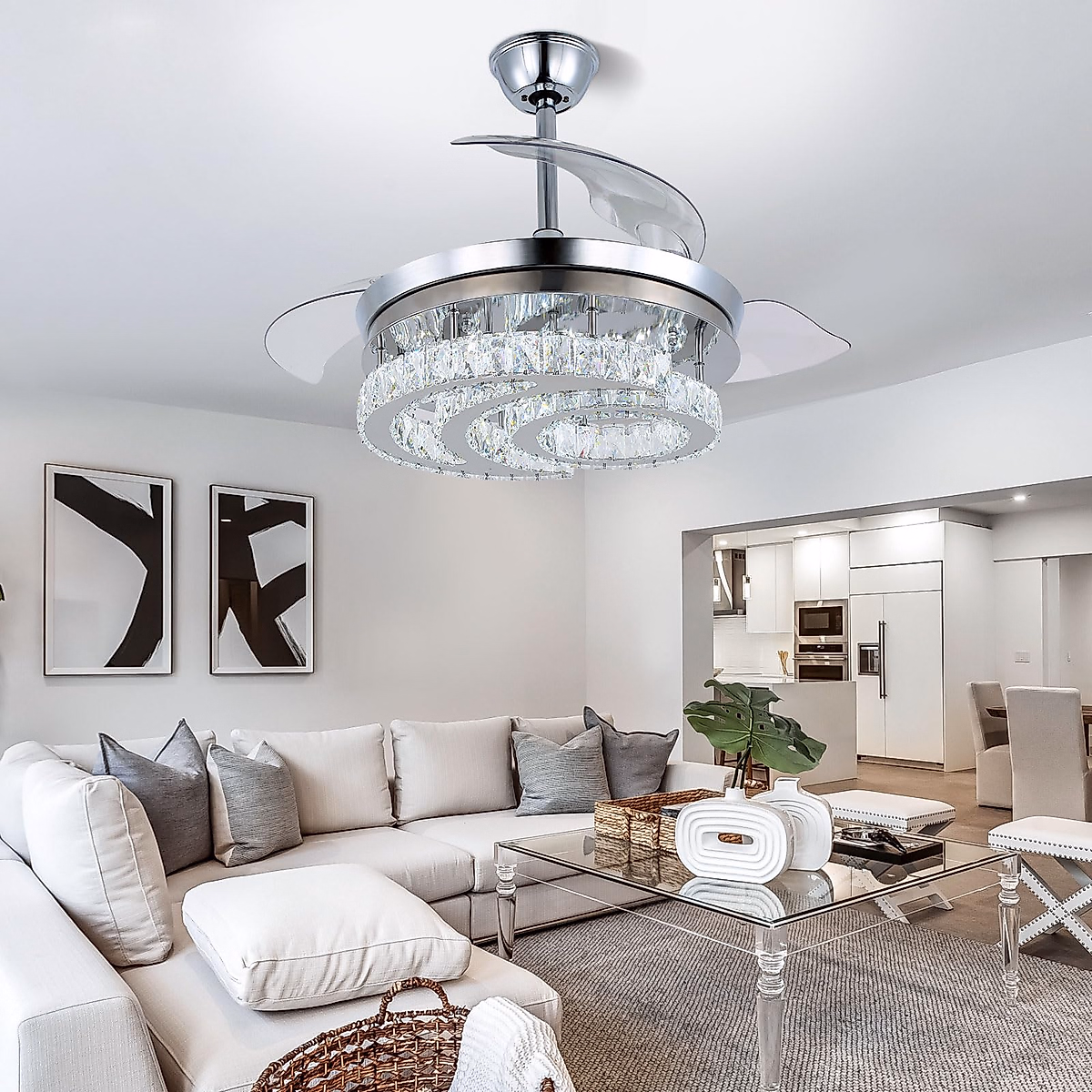 FRIXCHUR 42" Dimmable Fandelier Led Crystal Chandelier Ceiling Fans with Lights and Remote Moon Shape Retractable Chandelier Ceiling Fan for Bedroom Living Room Dining Room 30W*2