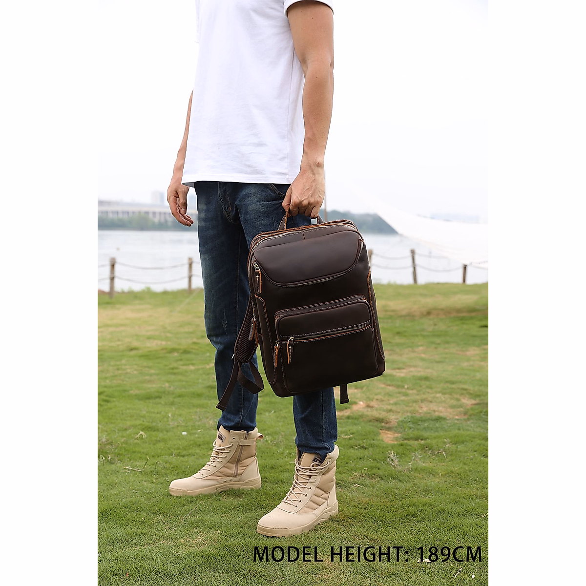 Lannsyne Vintage Genuine Leather 16" Laptop Backpack For Men Hiking Travel Bag Camping Rucksack