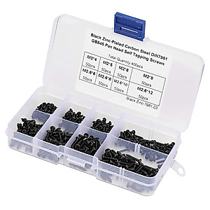 Self Tapping Screw, 400Pcs M2/M2.6 Cross Pan Head Self Tapping Screws Set Black Cross Tapping Screws Assortment Kit for Plastic,Wood,Soft Metal,etc