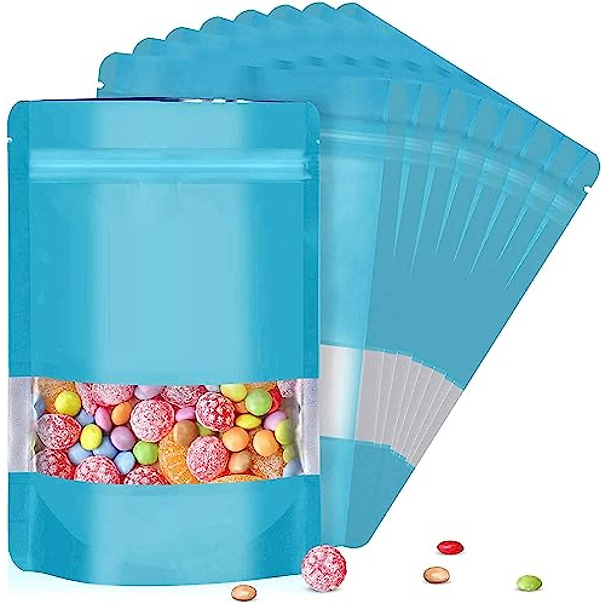 ODDIER 5.5"x7.8" 120pcs Smell Proof Mylar Bags for Food Storage, Stand-up Resealable Mylar Bags Food Storage Bags with Clear Window, Foil Pouch Stand-up Bags for Food Self Sealing Storage（Blue ）