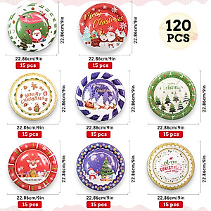 CONEHOY 120 Pcs Christmas Paper Plates Round 9 In Disposable Tableware Sets Santa Snowman Christmas Tree Design Holiday Tableware for Winter Dinner Dessert Birthday Christmas Party Supplies