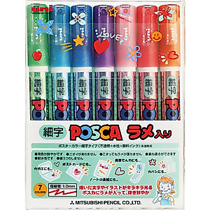 uni Posca Glitter Marker Pc-3ml 7C, Fine Point, 7 Colors Set