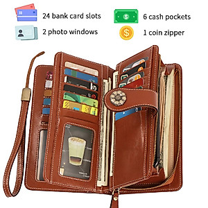 Pearl Angeli Women Wallet Genuine Leather Charming Ladies Wristlet Tri-fold Rfid Blocking Credit Card Holder Organizer Clutch（Brown）
