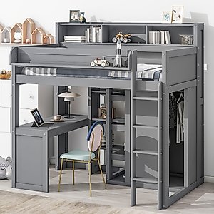 Twin Loft Bed with Storage Shelves and Under-Bed Desk, Wooden Bed Frames with Wardrobe and 3 Cabinets, Gray
