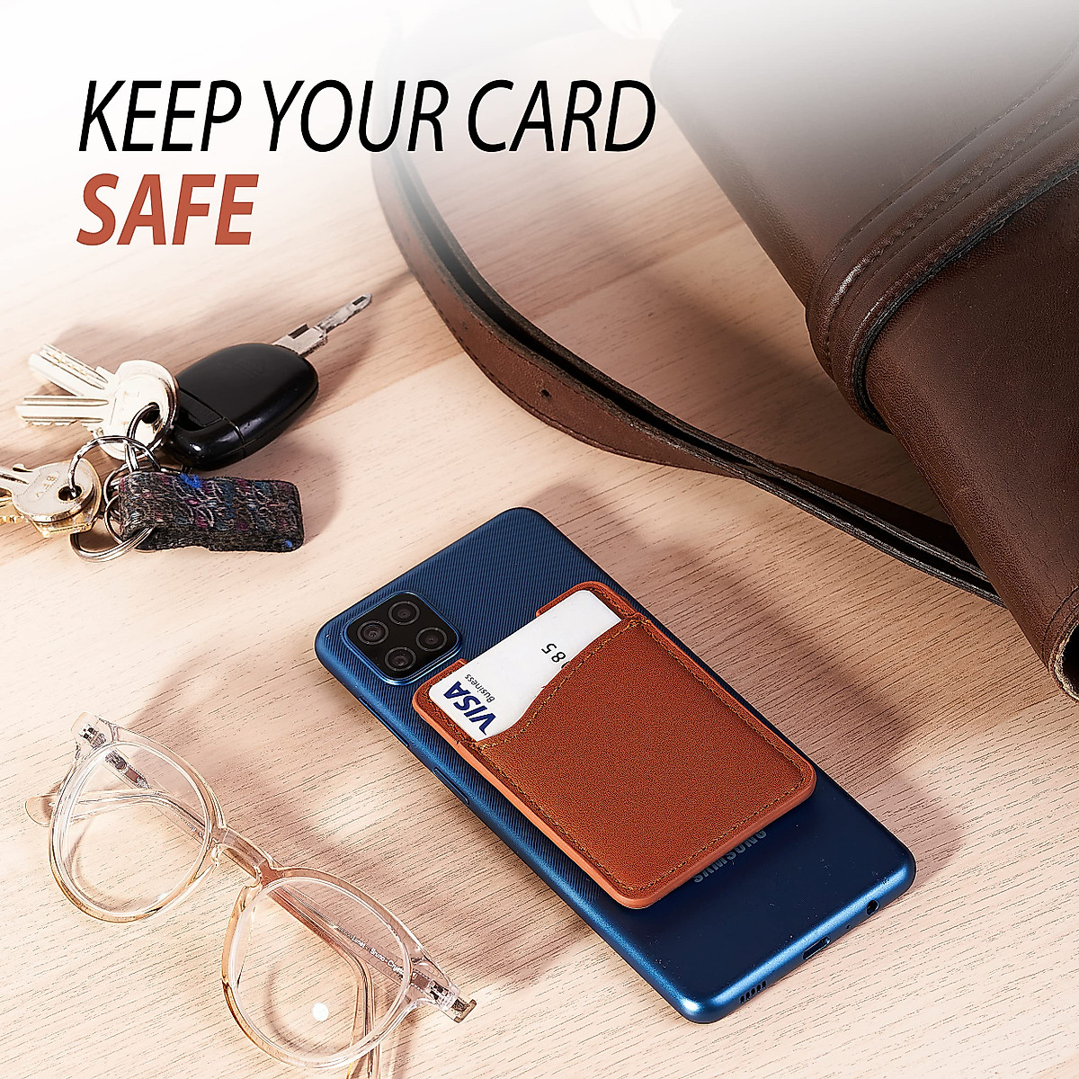 dizzy creek designs Premium Brown Leather Phone Wallet - 3.5"x3.7" Card Holder Stick on Wallet for iPhones and Android Smartphones - Easy to Attach