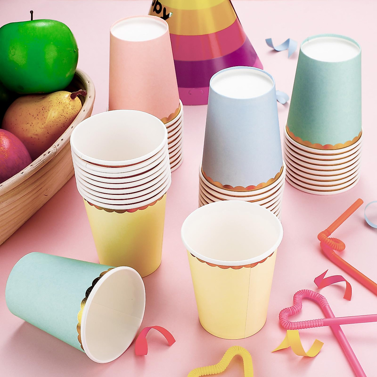 Uiifan 40 Pcs 9 oz Pastel Paper Cups with Metallic Gold Border Party Disposable Paper Colored Coffee Cup for Party Beverage Wedding Party Supplies, 4 Colors