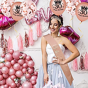 Chenkaiyang 30th Birthday Decorations, Birthday Crown and Sash for Girls Rhinestone Tiara Set Rose Gold Party Decors Including Candles, Cake Toppers and Balloons 30th Birthday Gifts for Girls