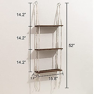 MI X TEE 3 Tier Wall Hanging Shelves with Artificial Ivy Leaves, Wooden Hanging Storage Floating Shelves for Small Plants, Macrame Shelves, Boho Room Decor Handmade Cotton Rope,Living Room Bedroom