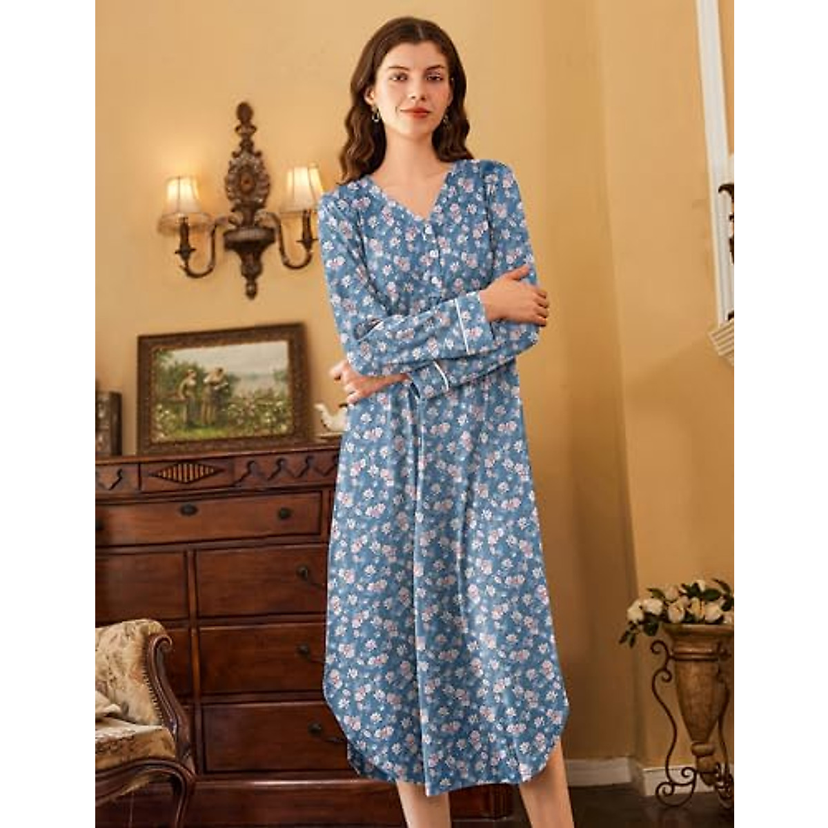 Ekouaer Womens Long Sleeve Nightgown Long Nightshirt Full Length Loungewear Button Down Sleep Dress Blue-Red Flowers XX-Large