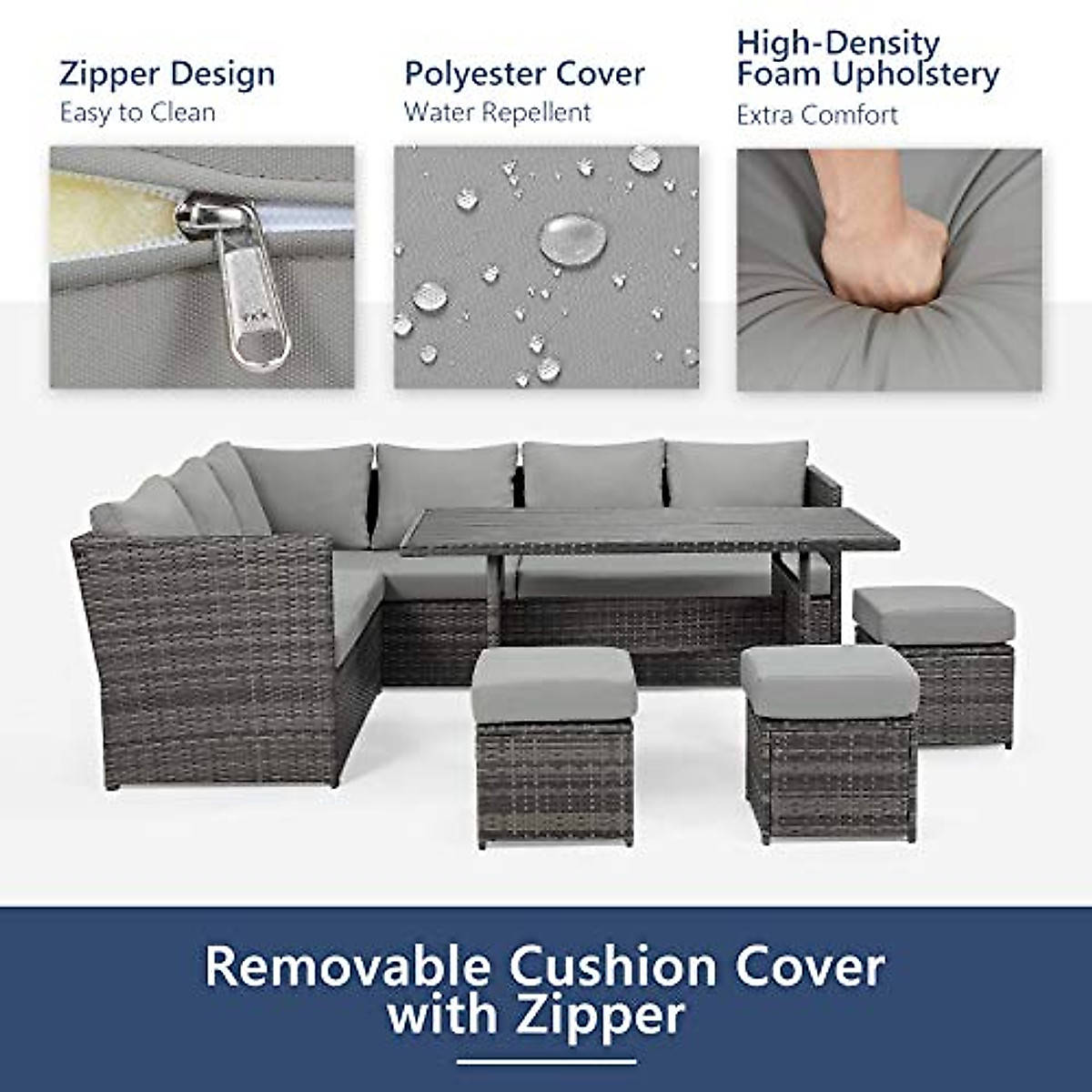 U-MAX 7 Pieces Patio Furniture Set Outdoor Sectional Sofa Conversation Set All Weather Wicker Rattan Couch Dining Table & Chair with Ottoman, Gray