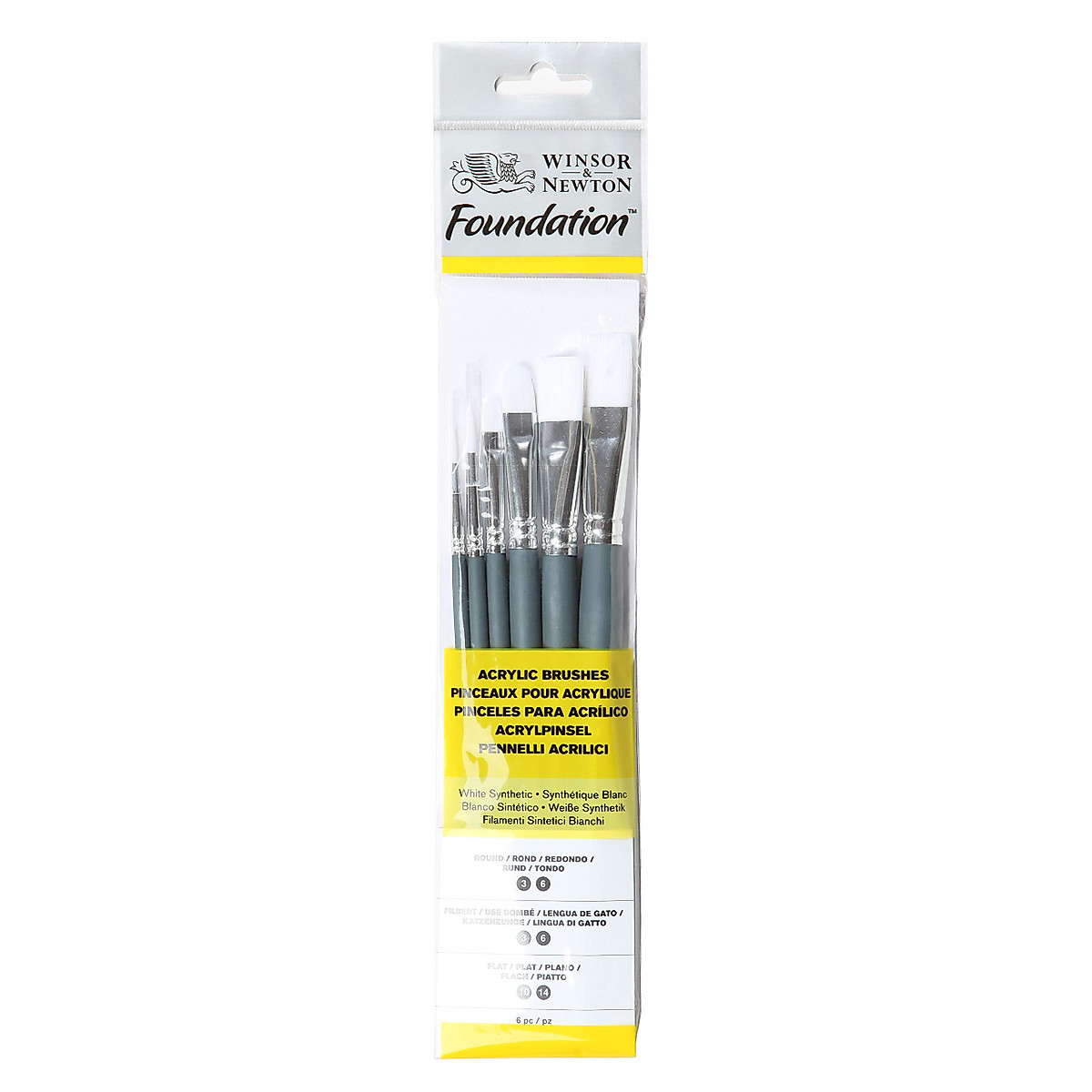 Winsor & Newton Foundation Synthetic Acrylic Brush Set, Short Handle, Round, Filbert & Flat, 6 Pack