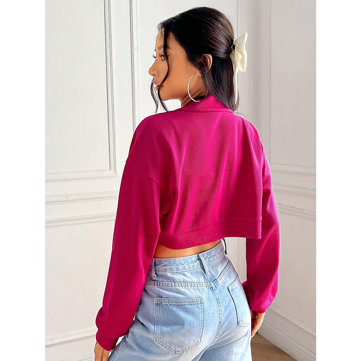 SweatyRocks Women's Casual Long Sleeve Ribbed Knit Top Open Front Cropped Cardigan Sweater Hot Pink M