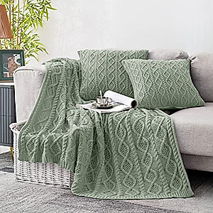 Homiest Sage Green Cable Knit Throw Blanket 60 x 80 Inch, Twin Lightweight Blanket Acrylic Knitted Throw Blanket with Diamond Texture, Soft & Cozy Blanket Decorative Throw Blanket for Couch Bed Sofa