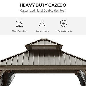 Outsunny 12' x 12' Hardtop Gazebo with Curtains and Netting, Permanent Pavilion Metal Double Roof Gazebo Canopy with Aluminum Frame and Hooks, for Garden, Patio, Backyard, Brown