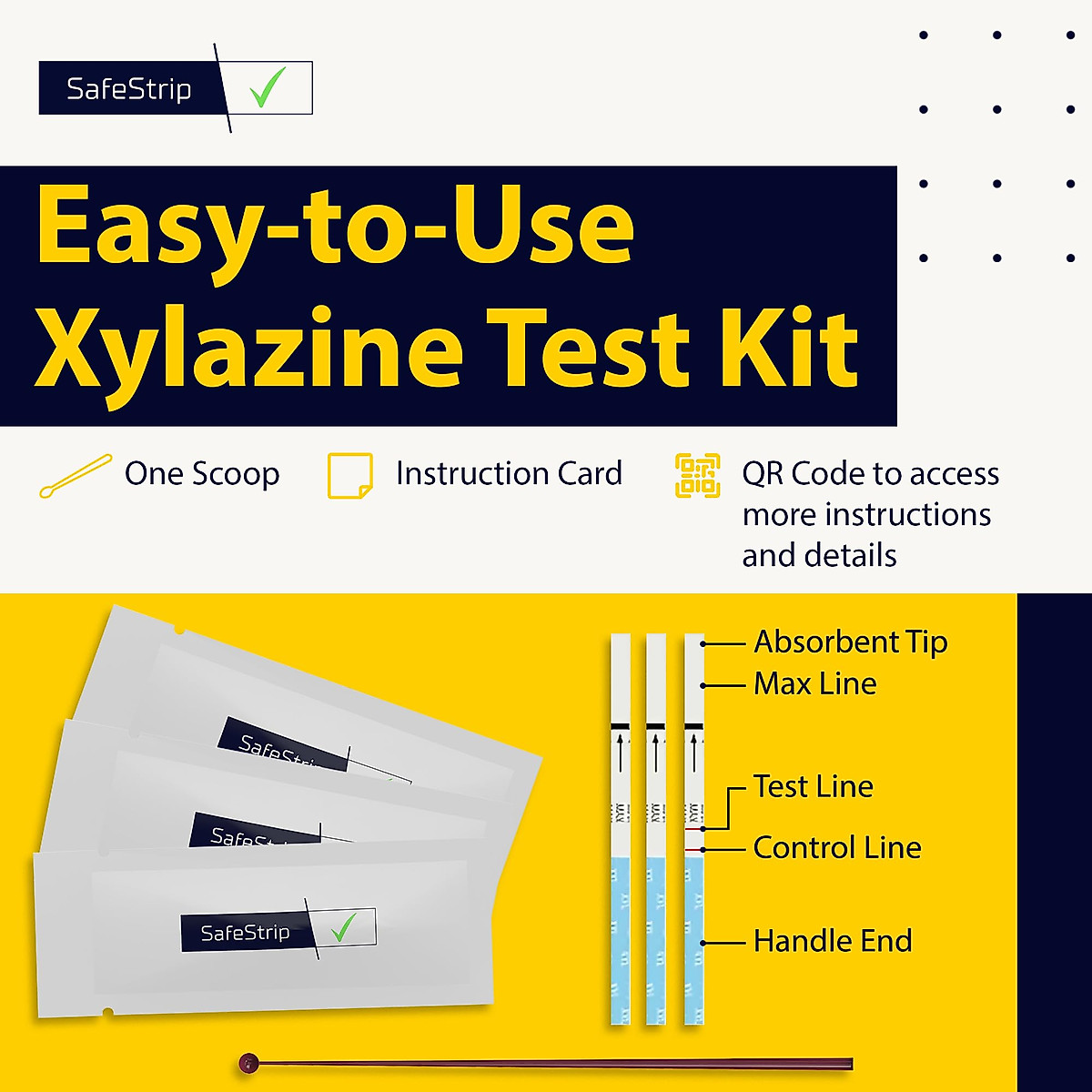 SafeStrip - Xylazine Test Strips, Quick, Reliable & Easy-to-Use Drug Test Kit for Home Medical Testing on Pills, Powder, Urine & Residue, 5-Pack Test Strips with Scoop
