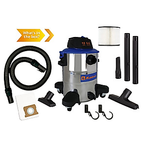 Koblenz WD-12 L314 SS Wet-Dry Vacuum, 12 Gallon Stainless 6.0HP, 1 7/8 x 7 Ft EVA Hose, Stainless+Blue 5 Year Warranty