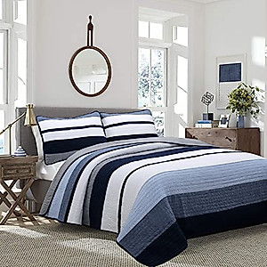 Cozy Line Home Fashions Tranquil Blue Gray Striped Boy 100% Cotton Reversible Quilt Bedding Set, All-Season Coverlet Bedspread (Rendon, Twin - 2 Piece)