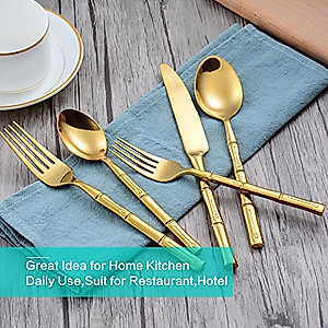 Flatasy Flatware Set Gold Silverware Set with Bamboo Pattern Mirror Polished 20 Pieces Cutlery Set Housewarming Wedding Gift Service for 4
