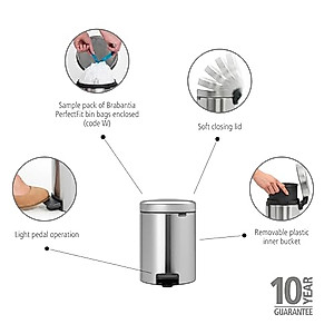 Brabantia New Icon Step Trash Can (1.3 Gal/Matt Steel FPP) Soft Closing Kitchen Garbage/Recycling Can with Removable Bucket