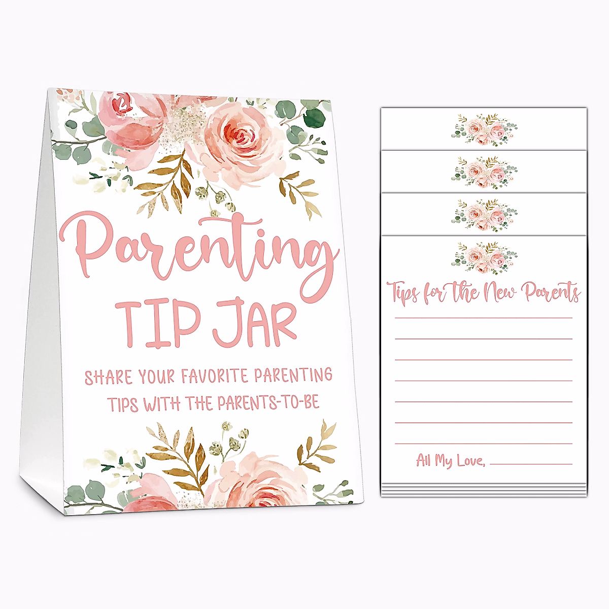 Baby Shower Game Set, Parenting Tip Jar Party Games(1 Standing Sign + 20 Advice Cards), Floral Blank Advice Cards for New Parents, Blush Pink Baby Shower/Gender Reveal Party Favor Decor(A02)