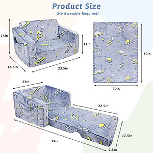 DILIMI Kids Couch, 2-in-1 Toddler Couch Sofa with Blanket, Comfy Toddler Chair Kids Sofa for Boys Girls, Convertible Sofa Bed to Lounger, Glow in The Dark 1 Seat, Astronaut