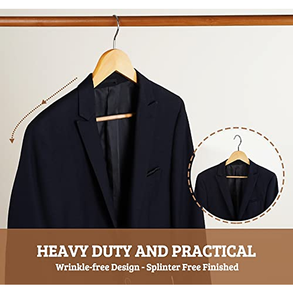 HOUÍSM Wooden Hangers 30 Pack, Solid Wooden Suit Hangers Coat Hangers with Non-Slip Pants Bar, 360° Swivel Hook & Notches, Smooth Finish, Heavy Duty Clothes Hangers for Coats, Suits, Pants and Jackets