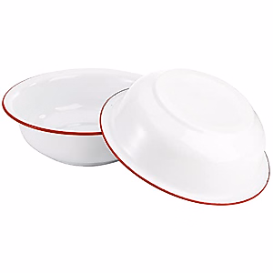 Elsjoy Set of 2 Enamel Bowl, 3 Quart Large Enamel Mixing Bowl White Enamelware with Red Rim, 11 Inch Vintage Enamel Soup Basin for Fruit, Salad, Pasta, Dinner