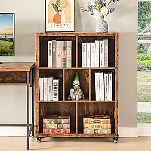 FUSUNBAO 7-Cube Style Bookshelf with Wheels Frame Industrial Style Book Storage Organizer Bookcase Floor Standing Fixed Shelves，Display Shelves Cabinet for Living Room/Bedroom/Office(Antique Brown)