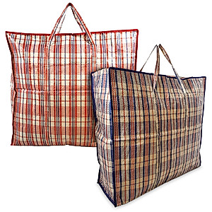Set of Two Extra Large 23 Inch X 23 Inch X 7 Inch Plaid Storage Laundry Reusable Lightweight Organizing Bag with Zippers and Handles