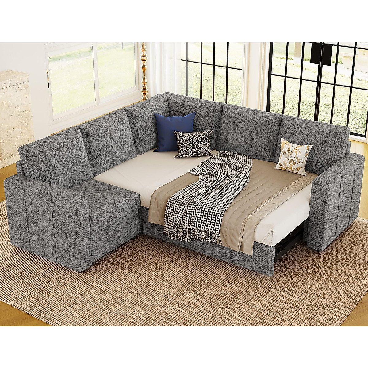 Belffin L Shape Modular Sectional Sleeper Sofa with Pull Out Bed Corner Sleeper Sofa Sectional Couch Convertible Sofa Grey