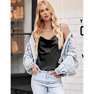 Ekouaer Satin Cowl Neck Tank Top Women Camisole Silky Loose Sleeveless Basic Blouse Ladies Satin Tank Shirt Black