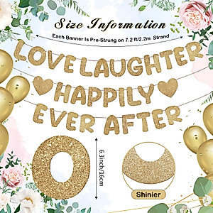 Breling Pre Strung Love Laughter Happily Ever After Banner Glitter Bridal Shower Decorations Bachelorette Party Decor for Love Married Wedding Shower Engagement Party Banner(Champagne Gold)