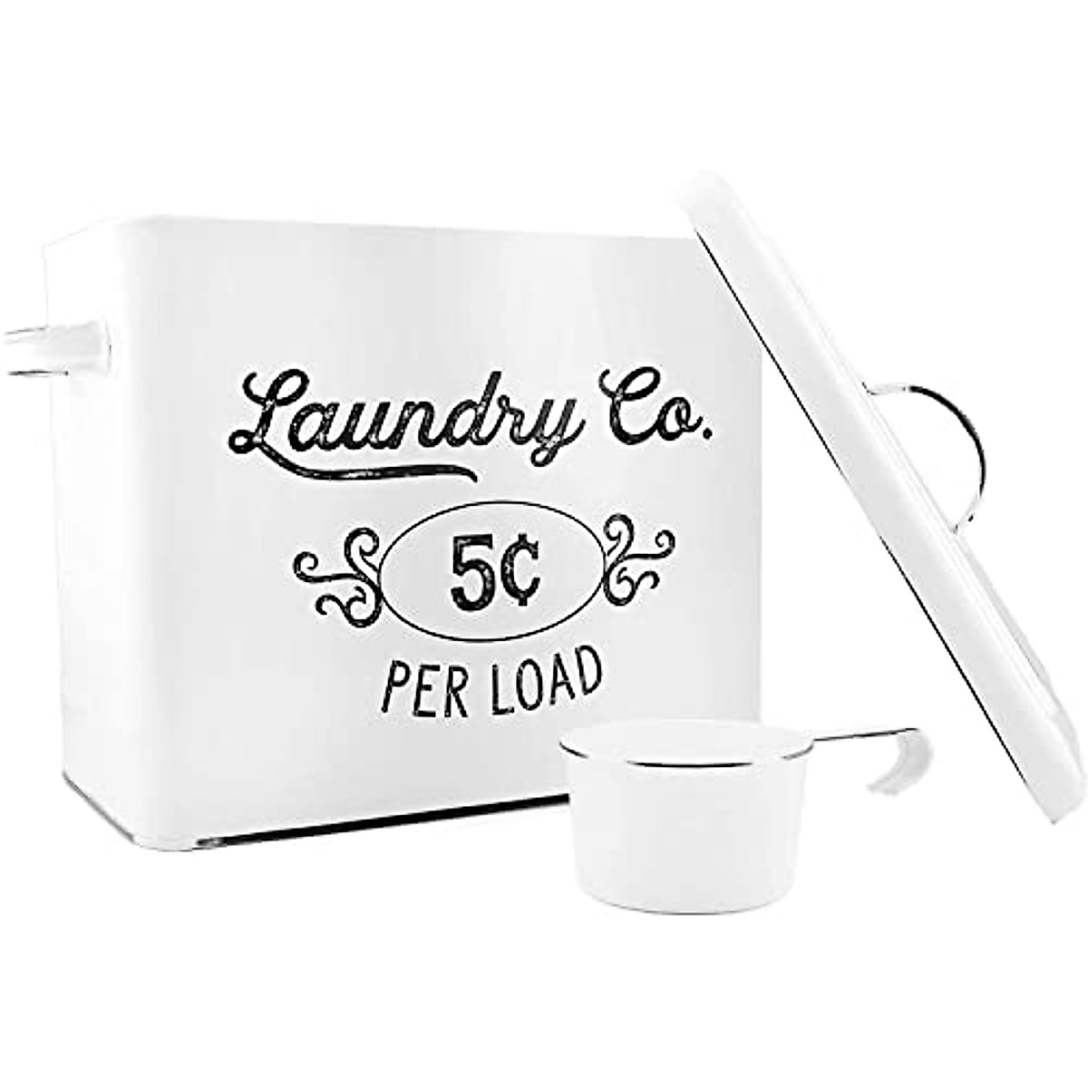 AuldHome Farmhouse Laundry Powder Container, White Enamelware Detergent Bin with Scoop