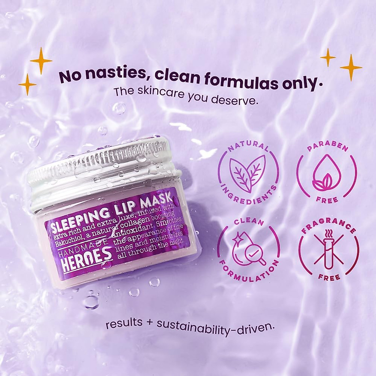100% Natural Vegan Sleeping Lip Mask by Handmade Heroes | Bakuchiol Natural Lip Plumper, Overnight Lip Moisturizer and Conditioner for Dry Lips | Intensive Lip Butter, Lip Collagen and Lip Therapy Skin Care (Bakuchiol - Collagen Boosting)