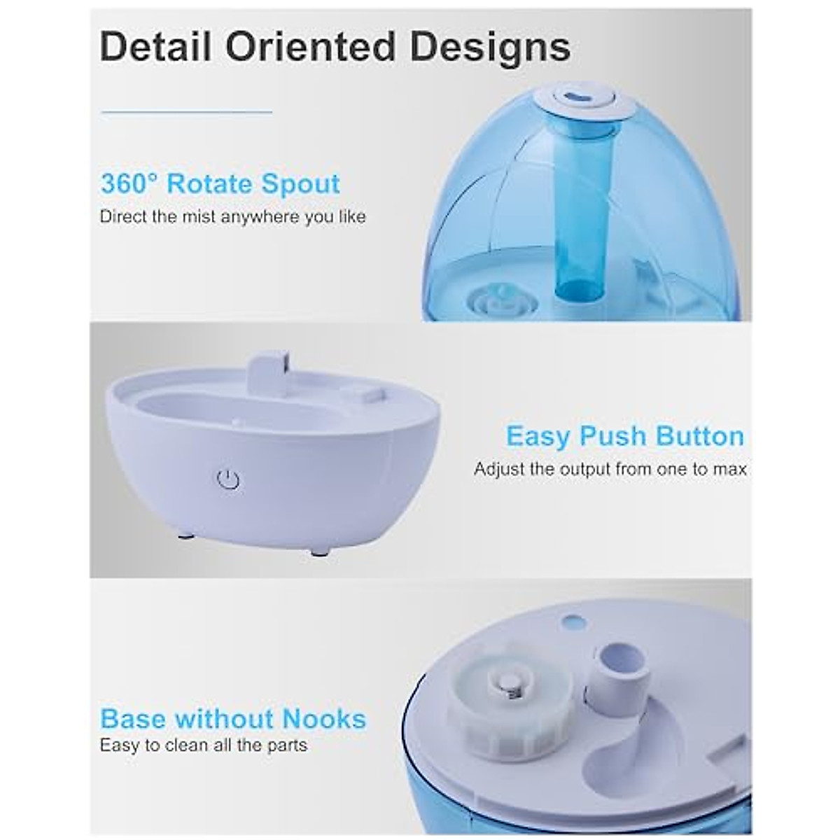 2L Cool Mist Humidifier for Bedroom with Nightlight, 30H Runtime, 360° Nozzle, Auto Shut-Off, Easy to Fill and Clean, Ideal for Home and Baby Nursery