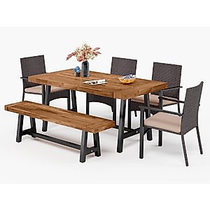 MFSTUDIO 6 Pieces Patio Dining Set with Acacia Outdoor Wood Bench and 4 Rattan Wicker Chairs, Patio Table Set for 6, Outdoor Patio Table and Chairs Dining Furniture Set for Patio