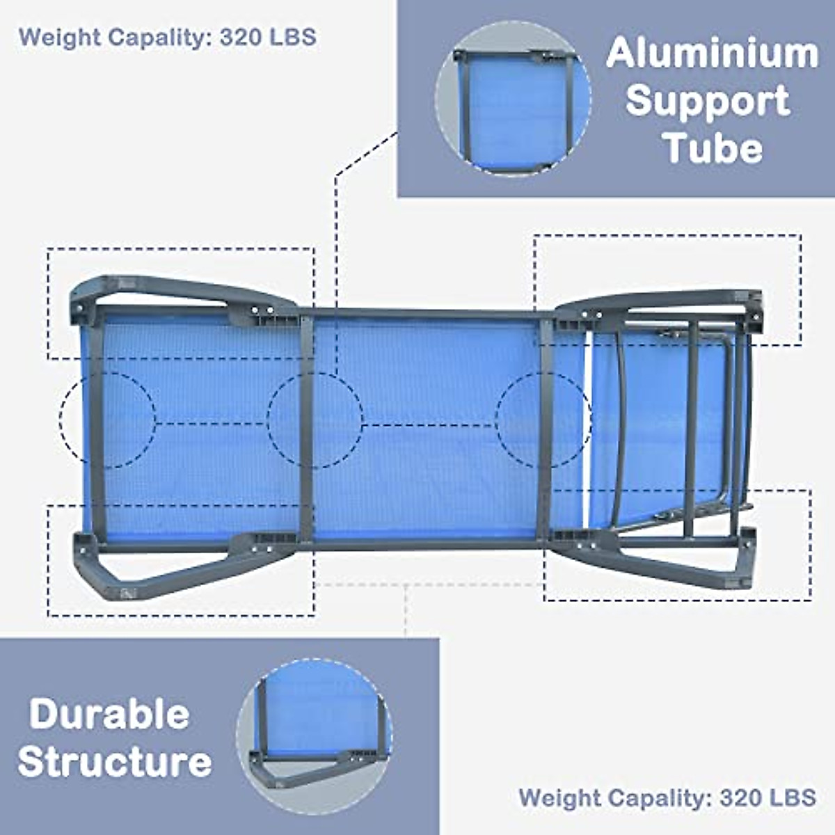 Domi Patio Chaise Lounge Set of 3,Pool Lounge Chairs Outdoor Aluminum Sling Sunbathing Tanning Chairs Outside Five-Position Recliner (2 Blue Lounges W/Side Table)